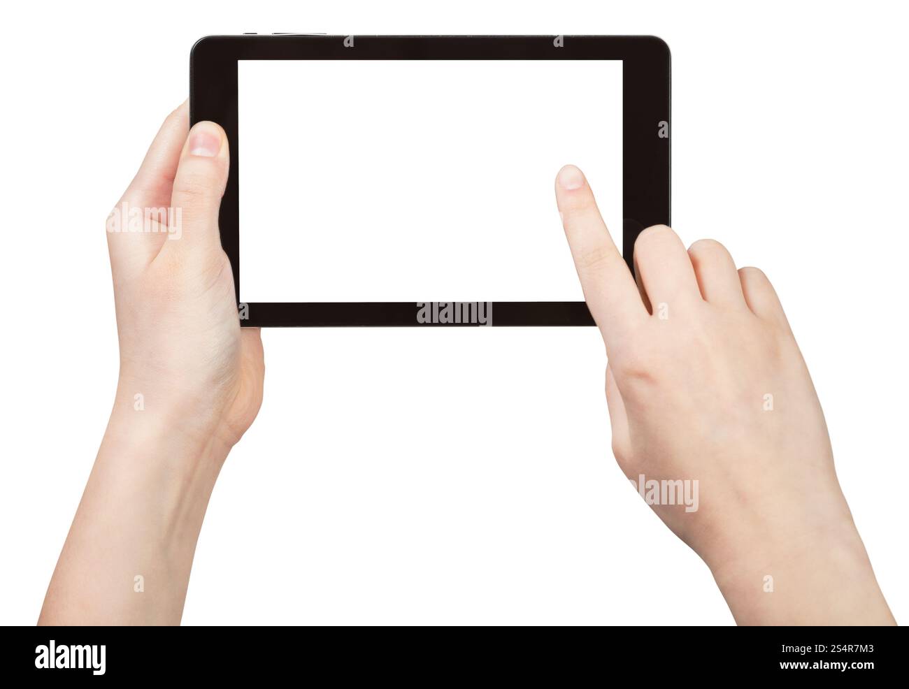 finger touching tablet pc with cut out screen isolated on white ...