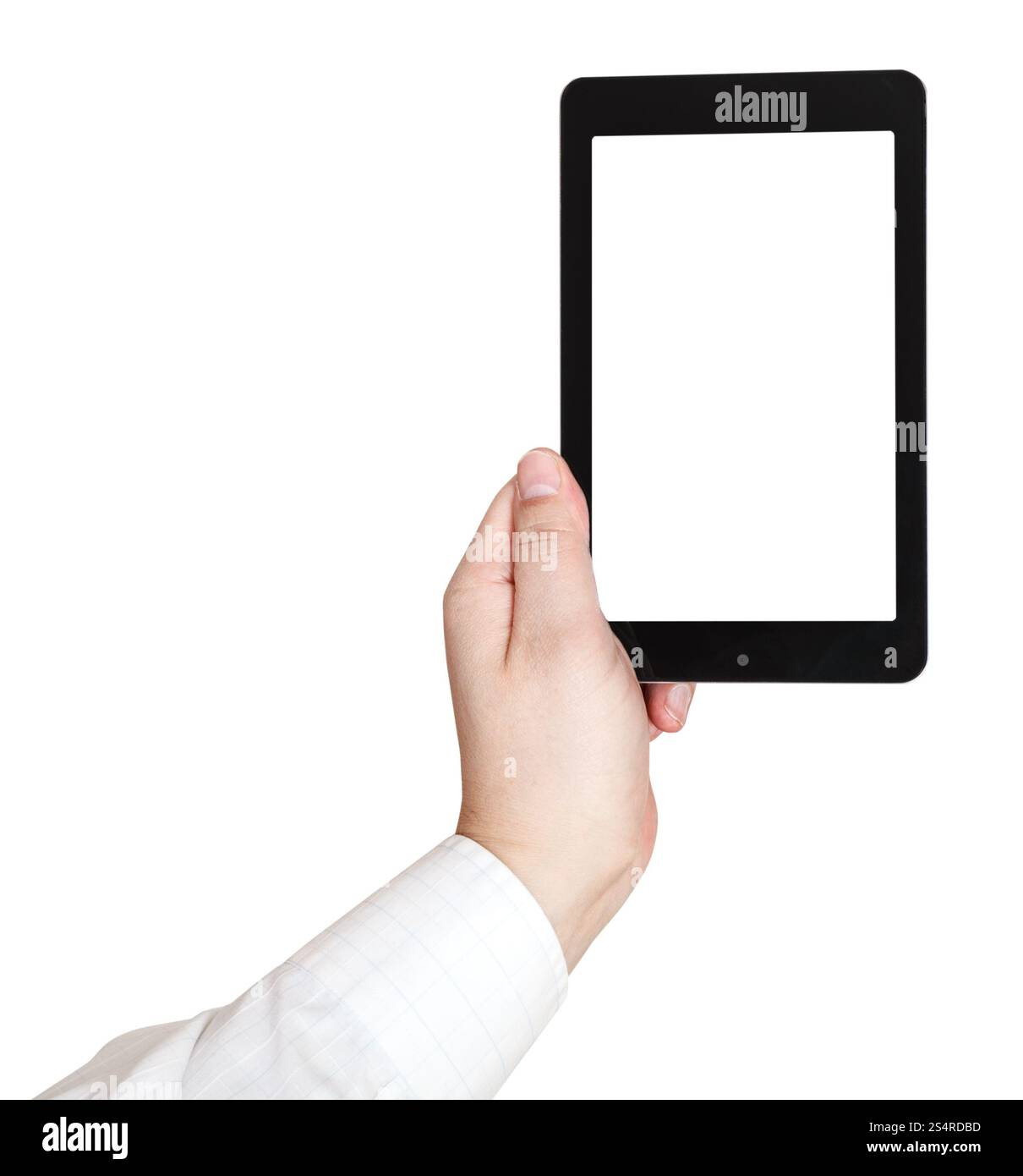 businessman hand holds touchpad with cutout screen isolated on white ...