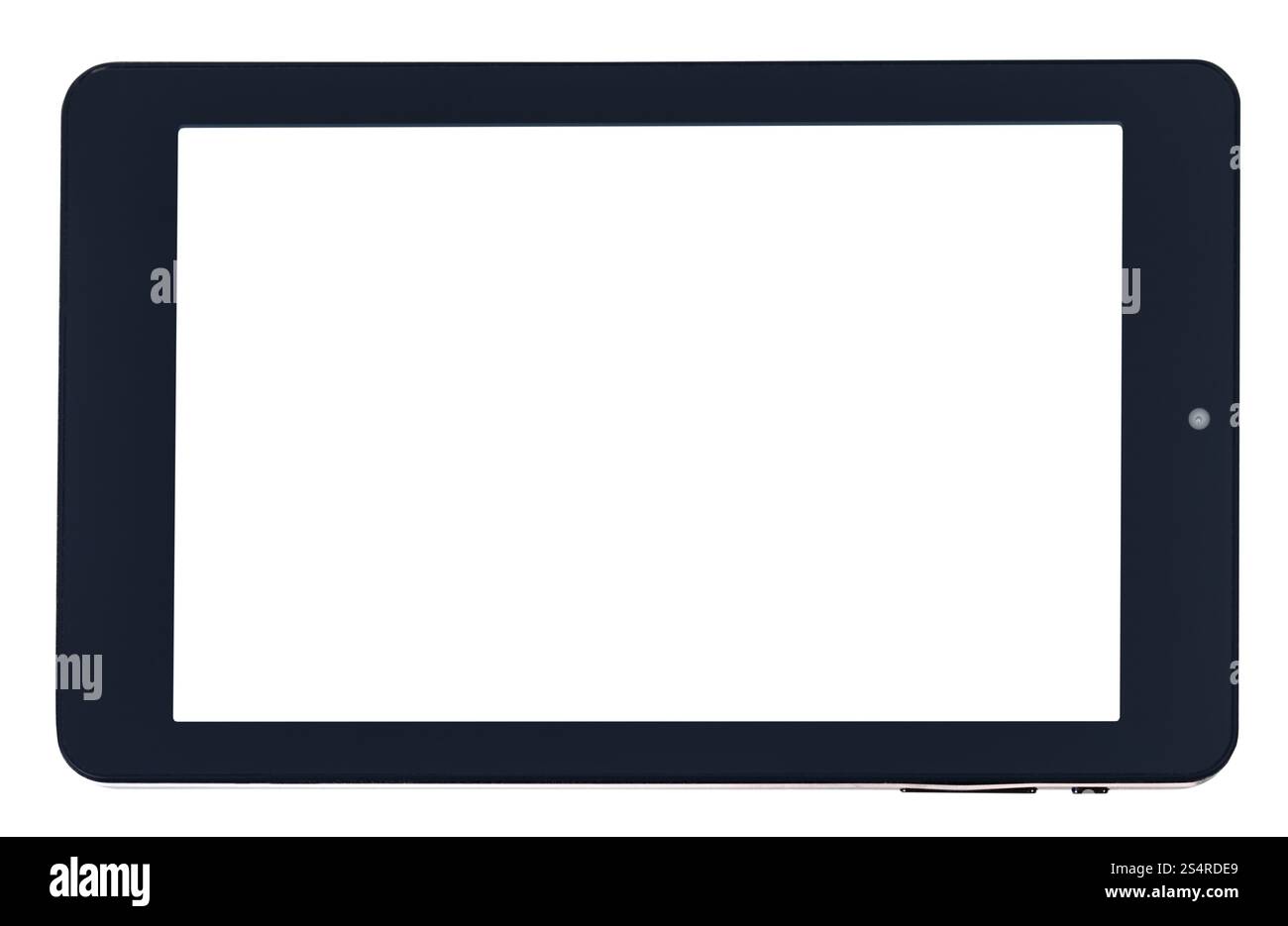 front view of black tablet pc with cut out screen isolated on white ...