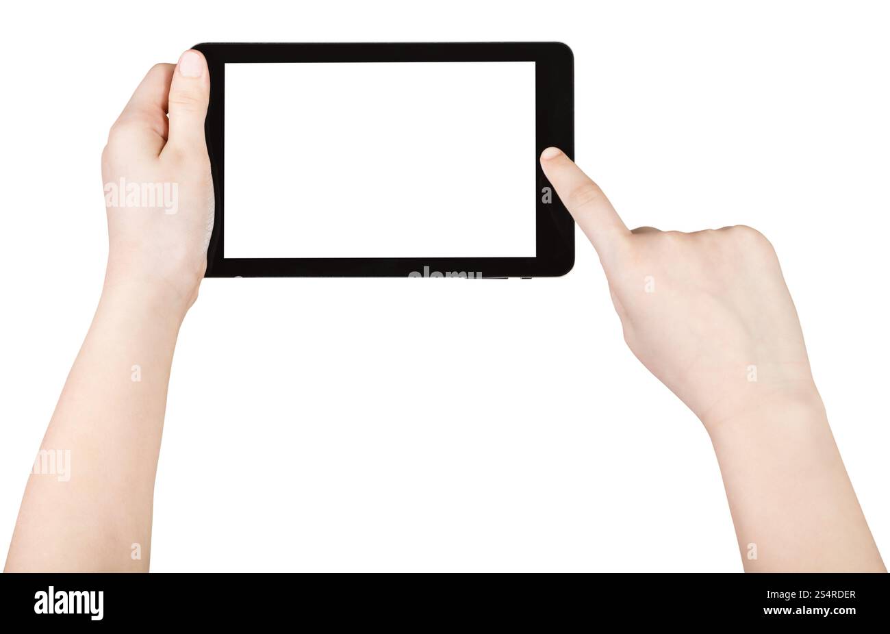 child using tablet pc with cut out screen isolated on white background ...