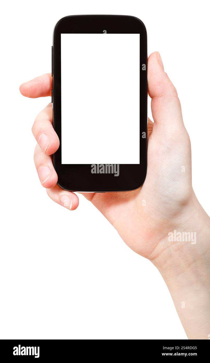 hand holding smart phone with cut out screen isolated on white ...