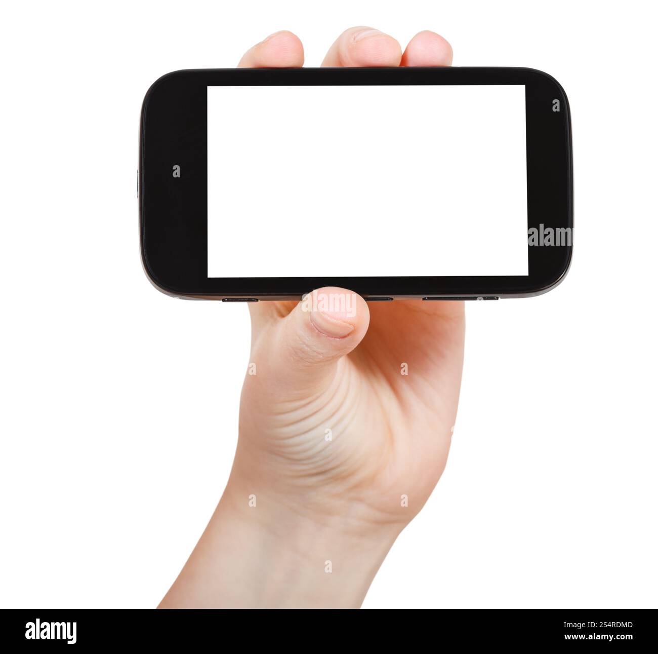 hand holds touchscreen phone with cut out screen isolated on white ...