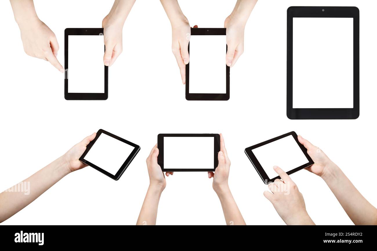 set of hands holding tablet pc with cut out screen isolated on white ...