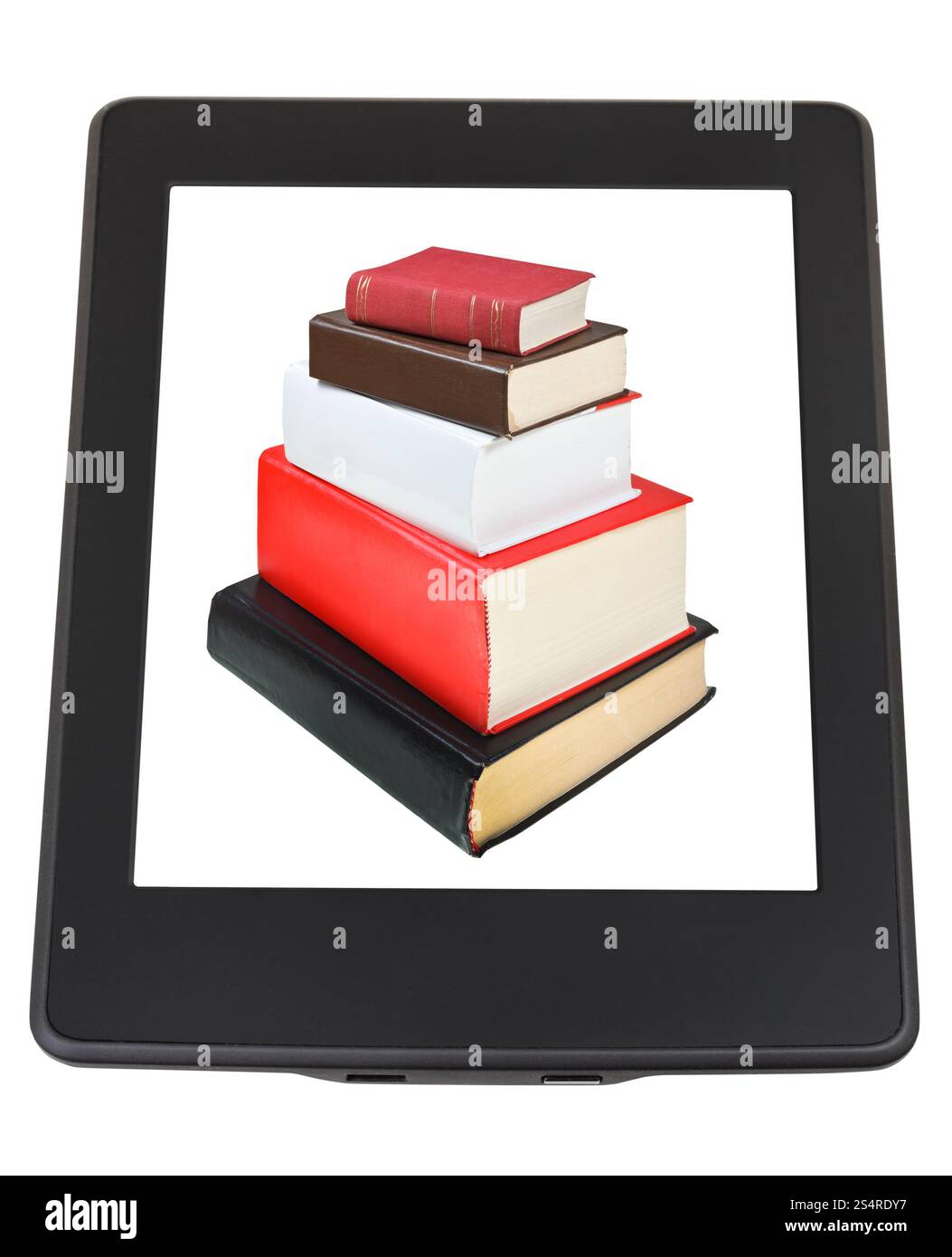 stack of books on screen of e-book reader isolated on white background ...