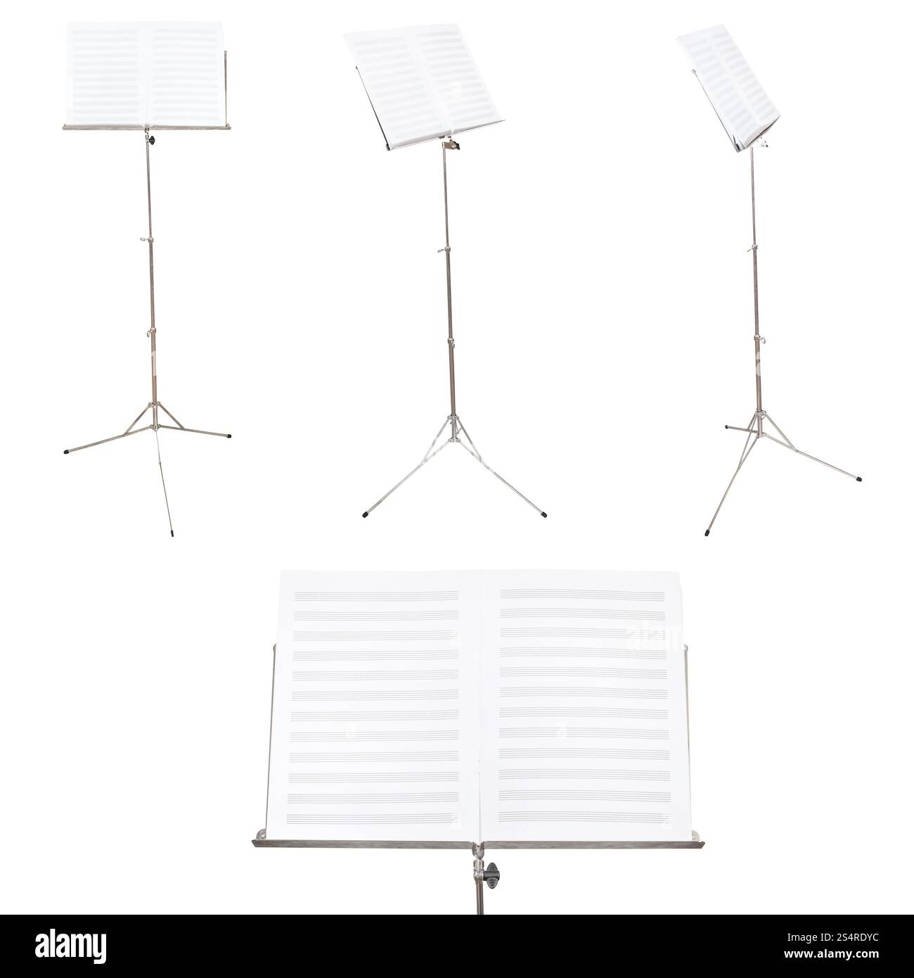 set of music stands with blank music book isolated on white background ...