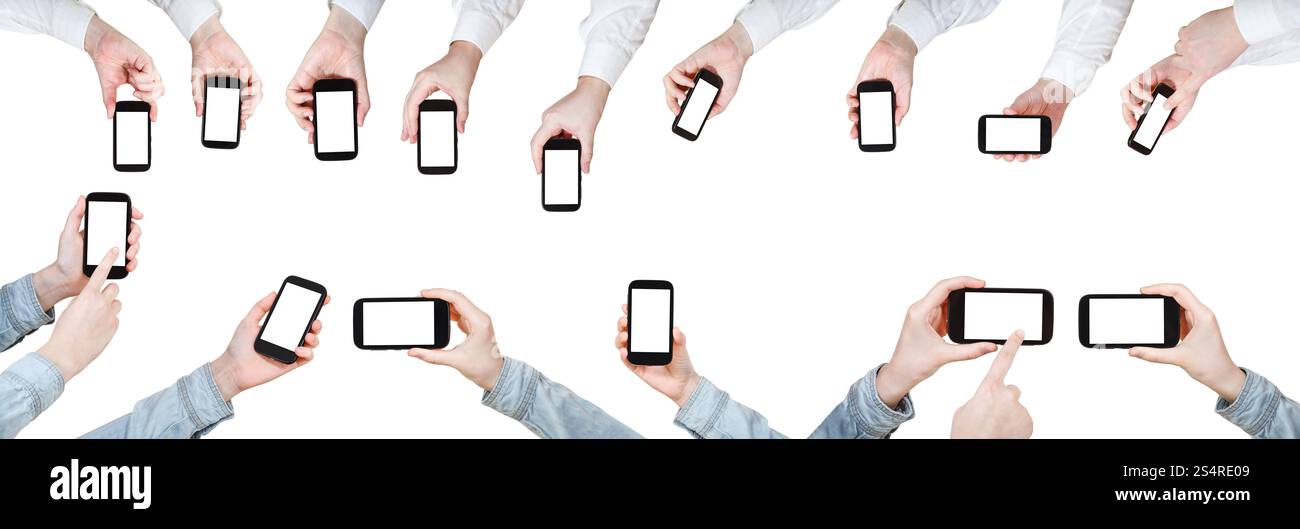 set of businessman hands with mobile phones with cut out screen ...