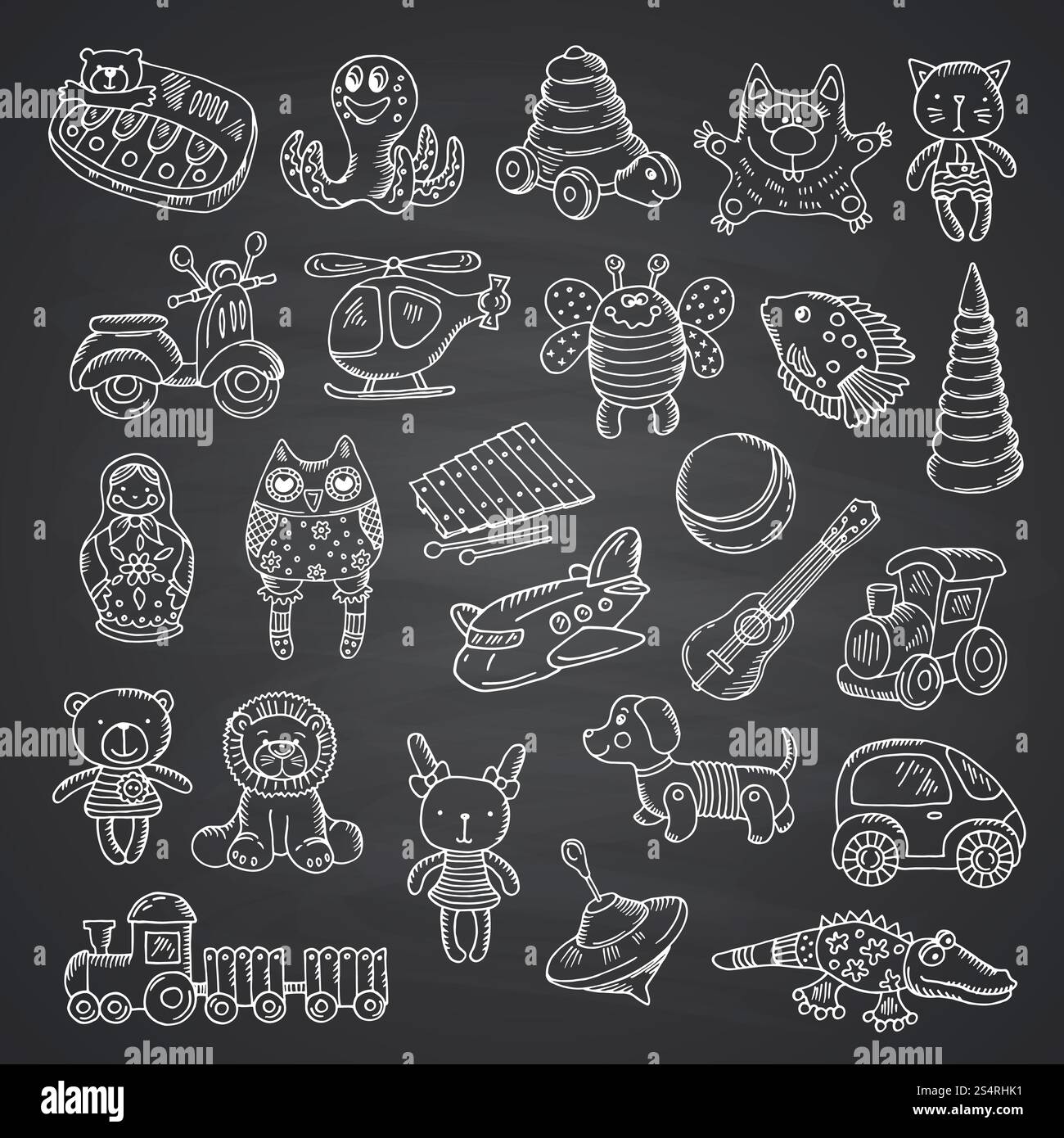 Vector kid toys set hand drawn and isolated on black chalkboard ...