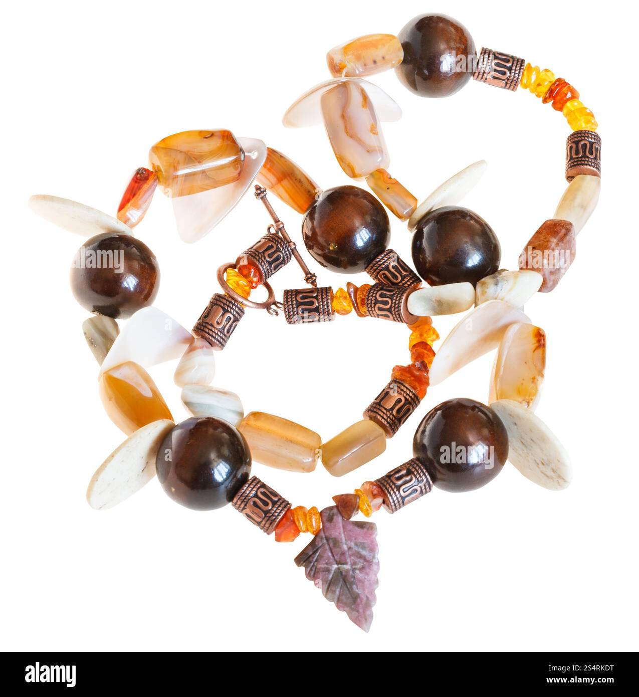 necklace from mineral stones (agate, amber,nacre) and wooden balls ...