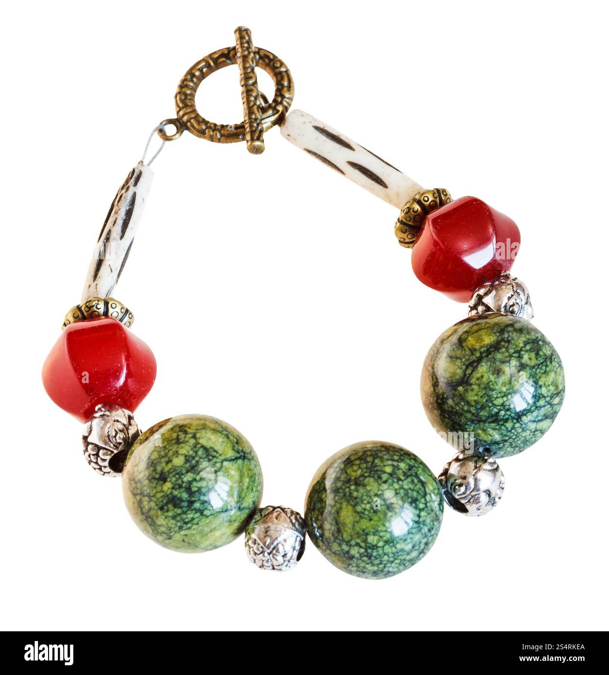 bracelet from red jade and green serpentine ophite stone beads isolated ...