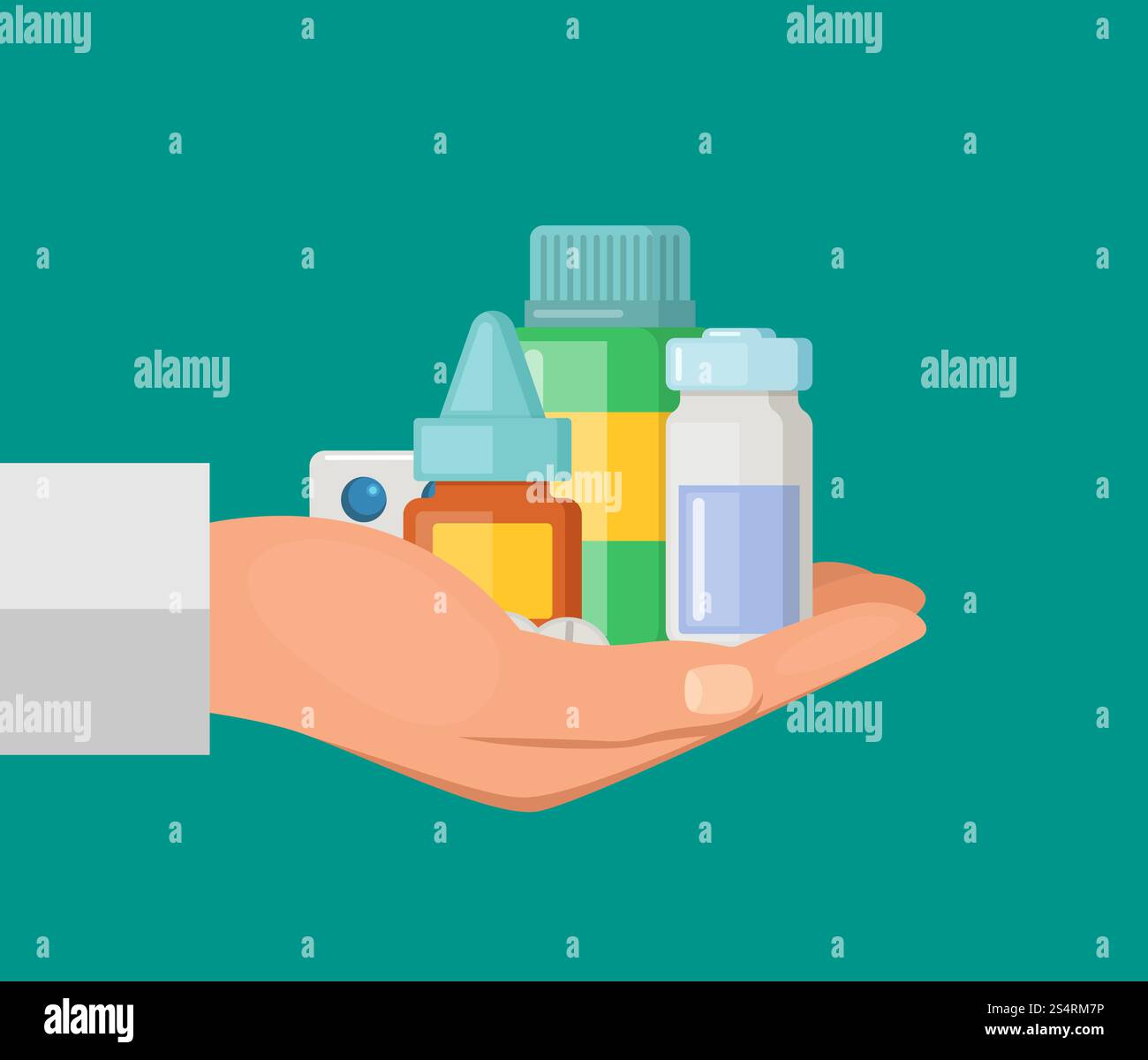 Vector cartoon hand keeping pile of medicines pills and bottle ...