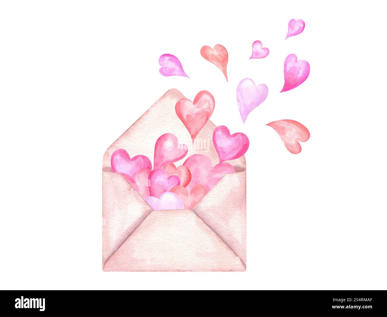 Pastel pink red hearts flying out of open mail envelope watercolor ...