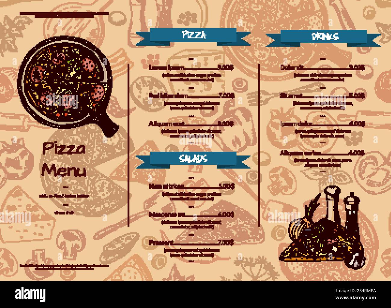 Vector italian pizza restaurant menu template with hand drawn colored ...