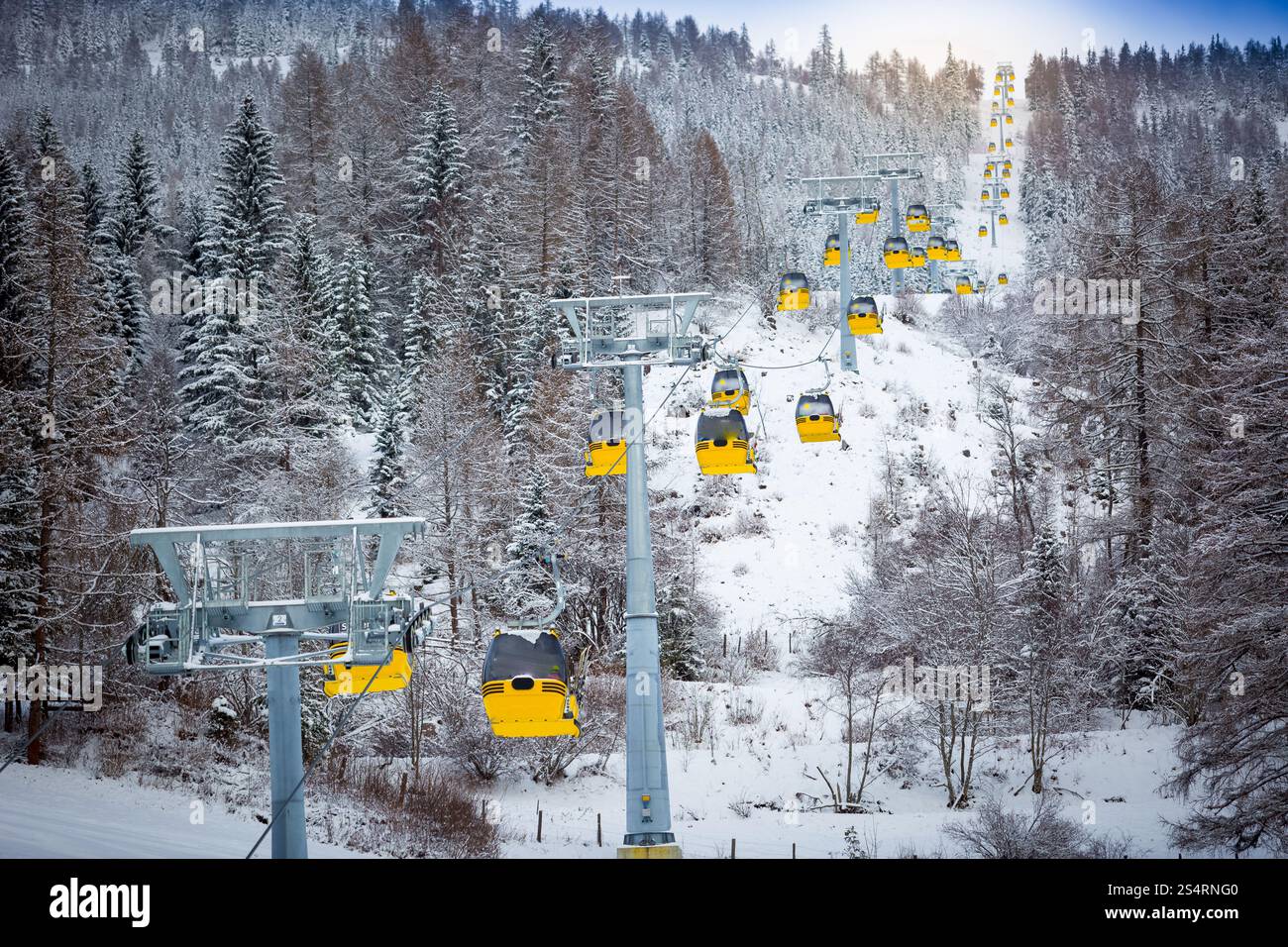 Beautiful panoramic shot of long line of cable cars on ski slope Stock ...