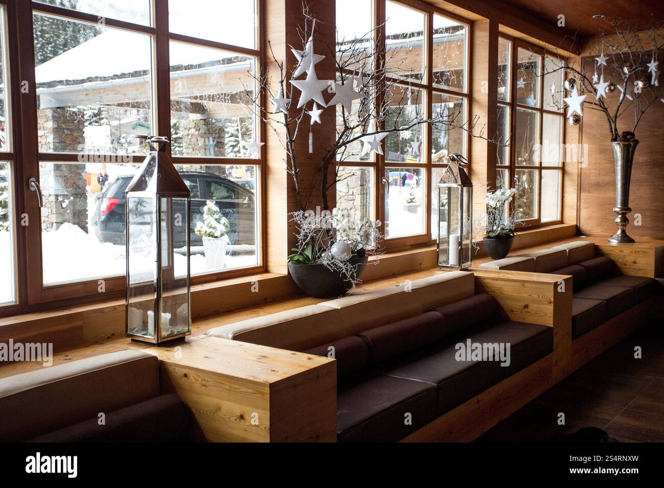 Beautiful modern wooden interior at Alpine ski resort Stock Photo - Alamy
