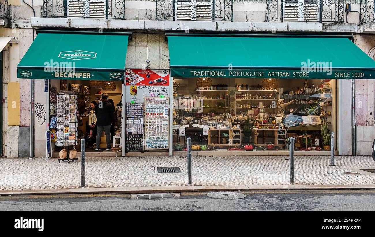 A traditional Portuguese artisan store with colorful signs and wooden ...