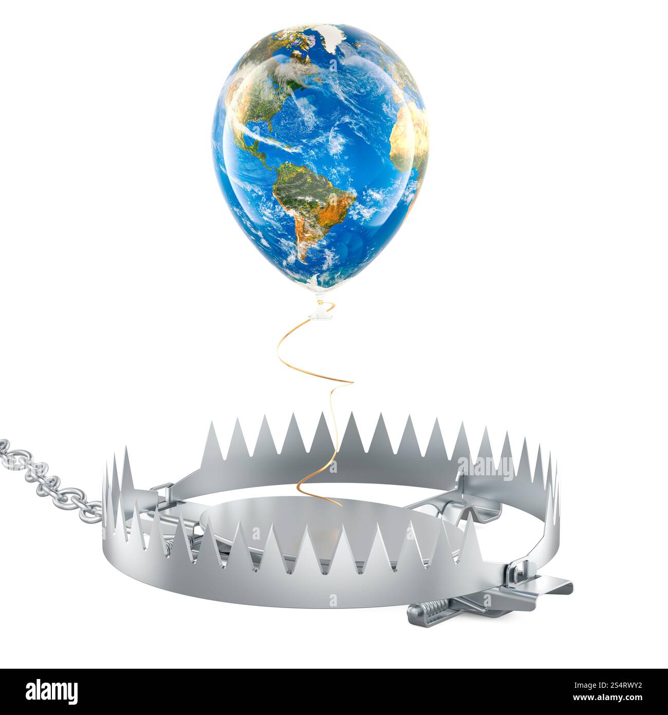 Balloon with Earth map texture inside bear trap, 3D rendering isolated ...