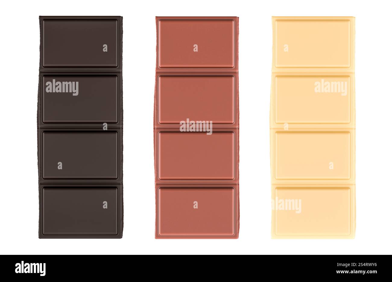Chocolate bar pieces. Dark, milk and white chocolate, front view. 3D ...
