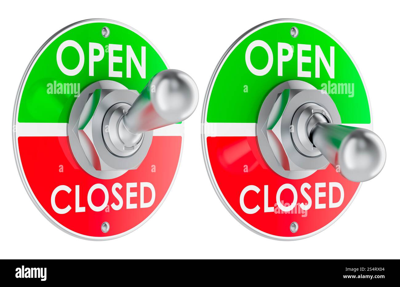 Open and closed toggle switches, 3D rendering isolated on white ...