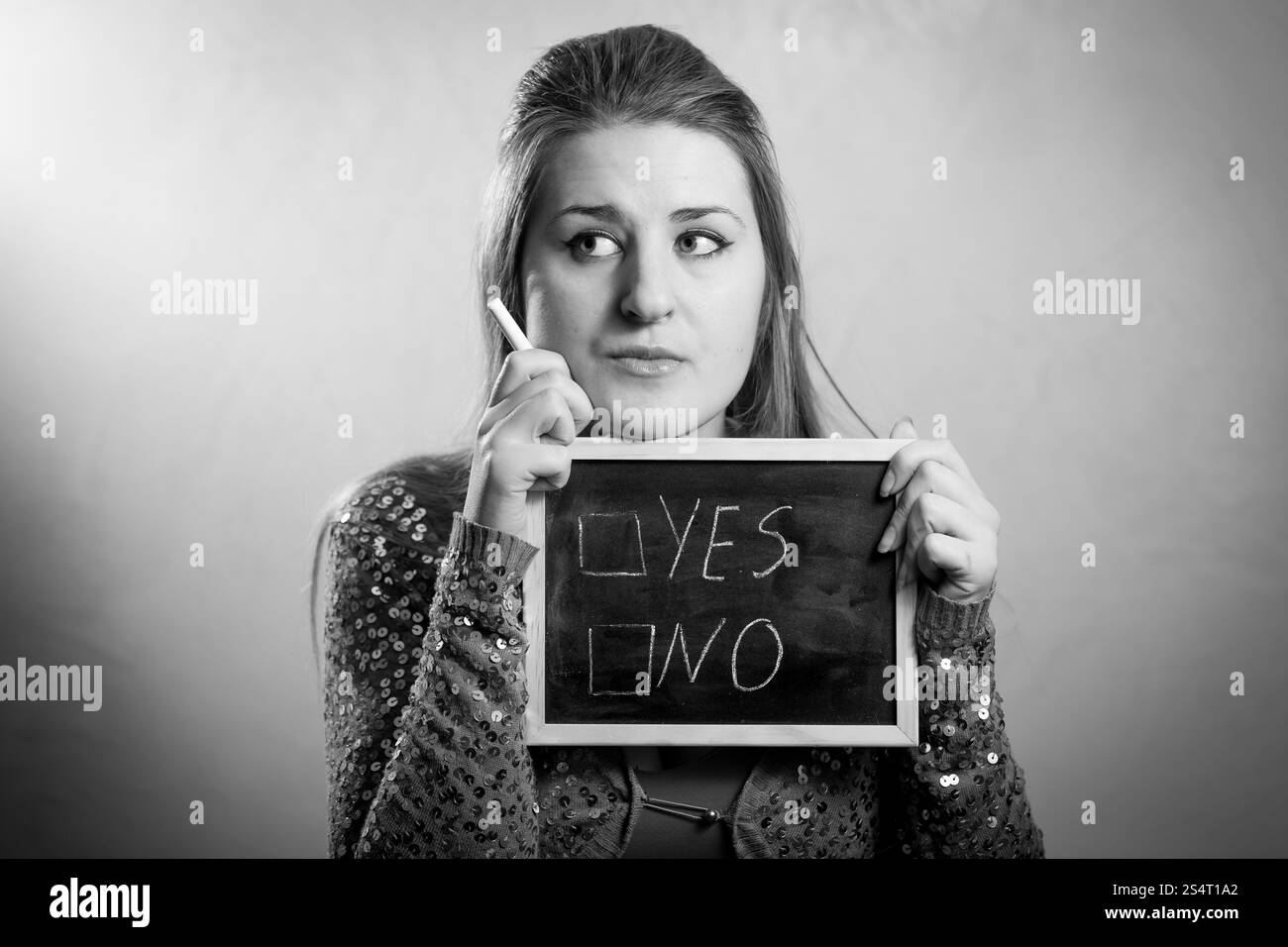 Black and white portrait of woman thinking on Stock Photo - Alamy