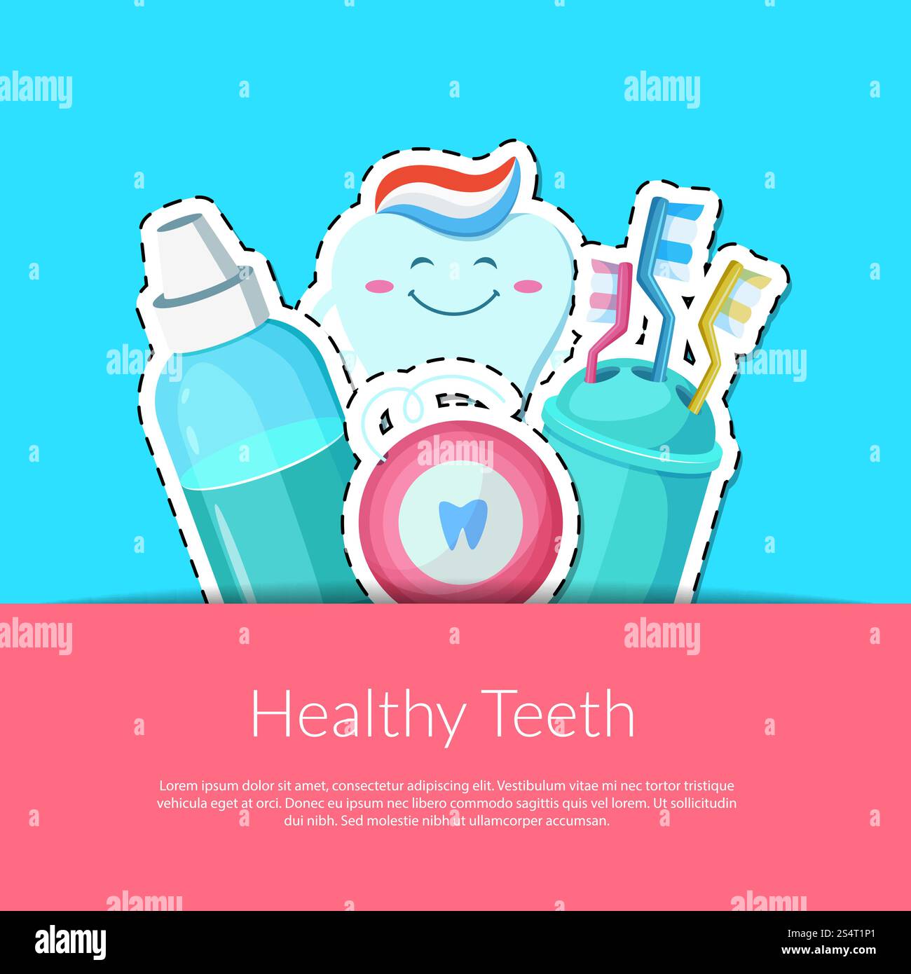 Vector cartoon teeth hygiene stickers in pocket illustration with place ...