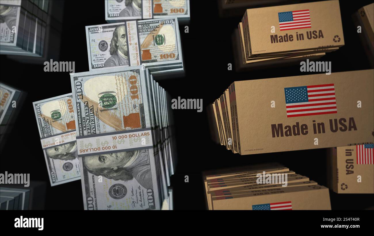 Made in USA box line and US Dollar money bundle stacks. Export, trade ...