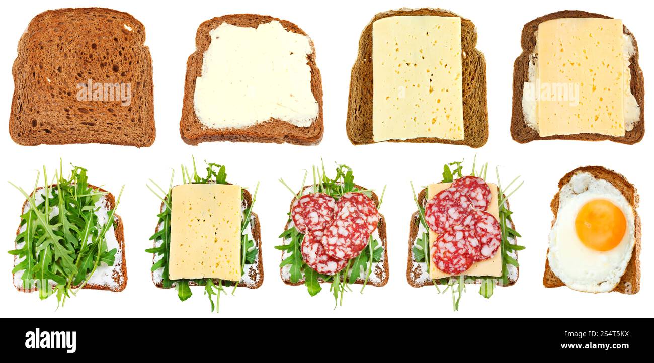 set of sandwiches from toasted rye bread isolated on white background ...