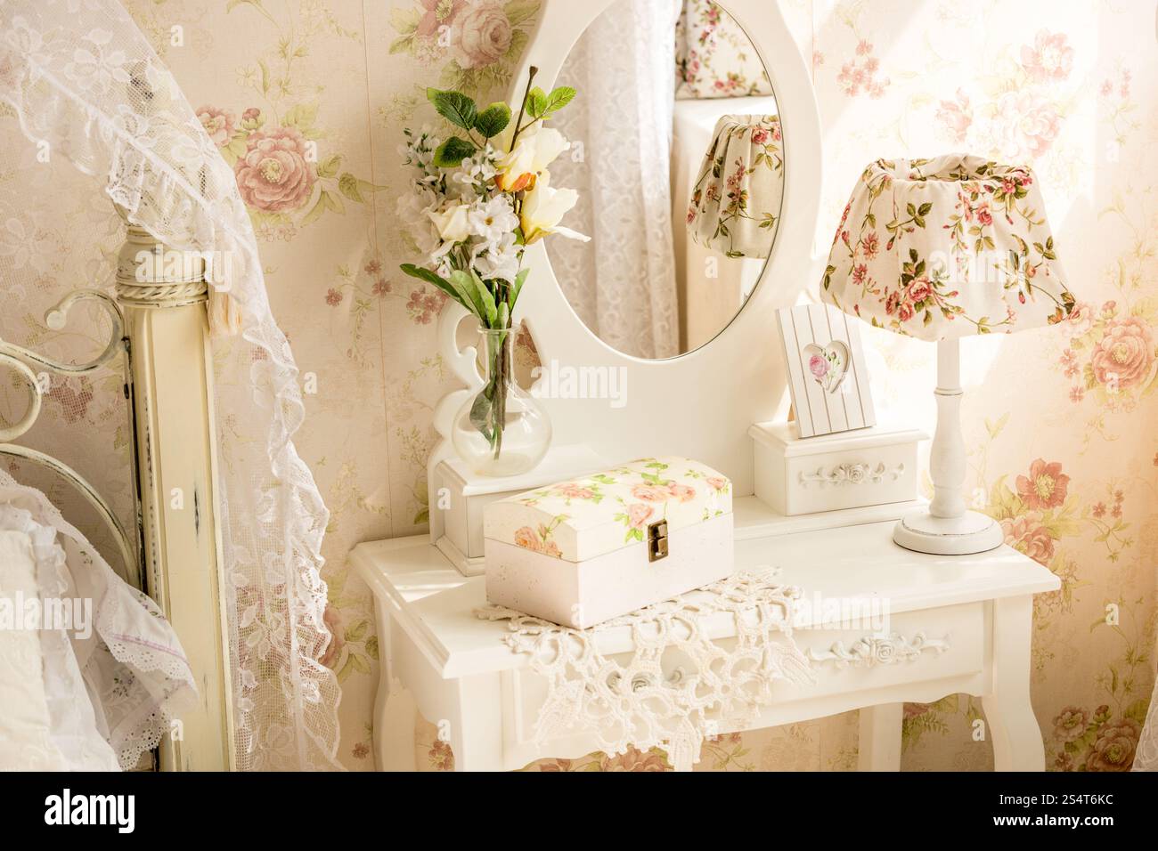 Interior photo of table with mirror and flowers in provence style Stock ...