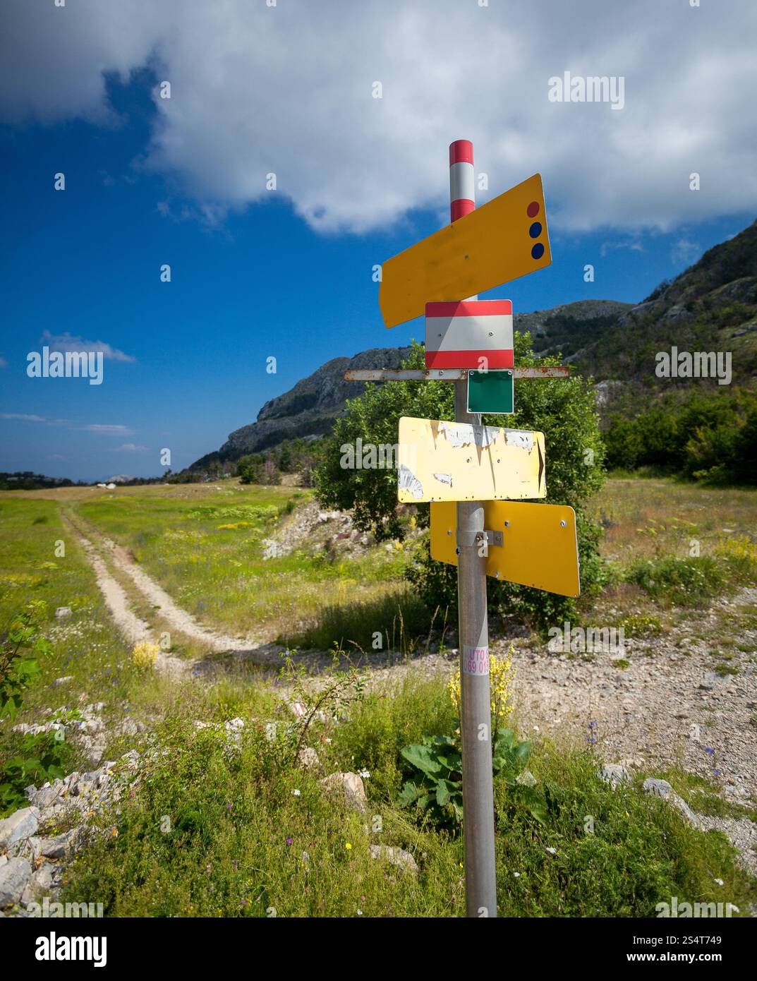 Big signpost with different directions standing on start of tourist ...