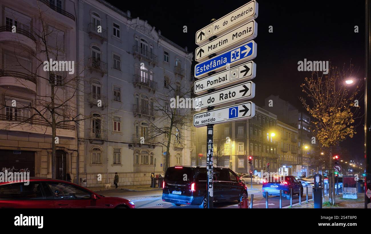 Various road signs in the Intendente neighborhood of Lisbon, Portugal ...