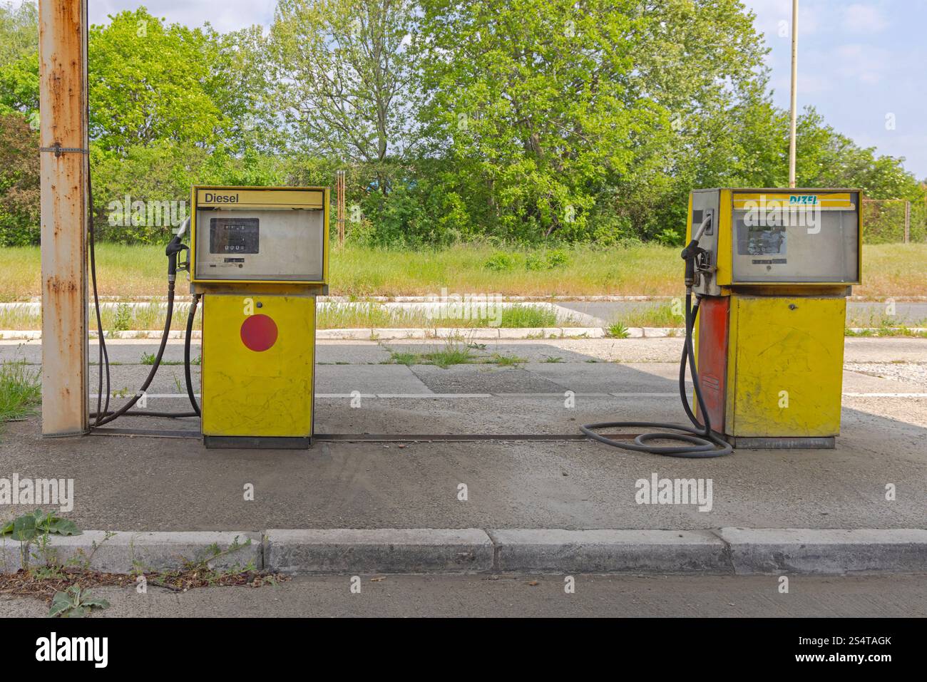 Two Yellow Diesel Pump Gas Oil at Old Fueling Station at Rural Road ...