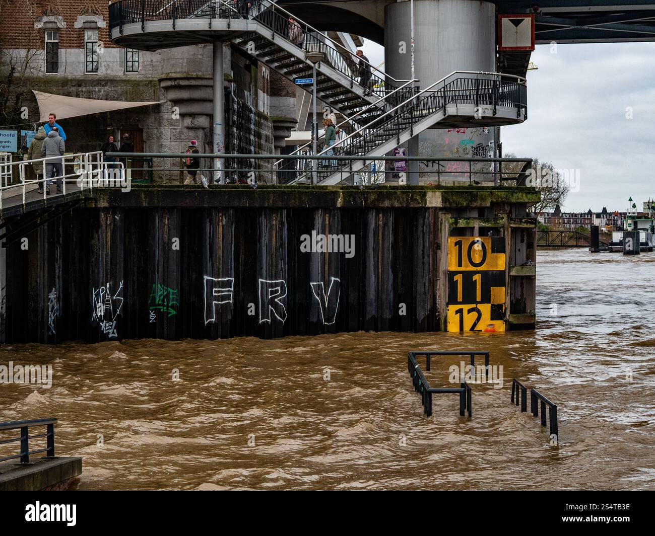 General view of the sign that marks the water levels in the river Waal ...