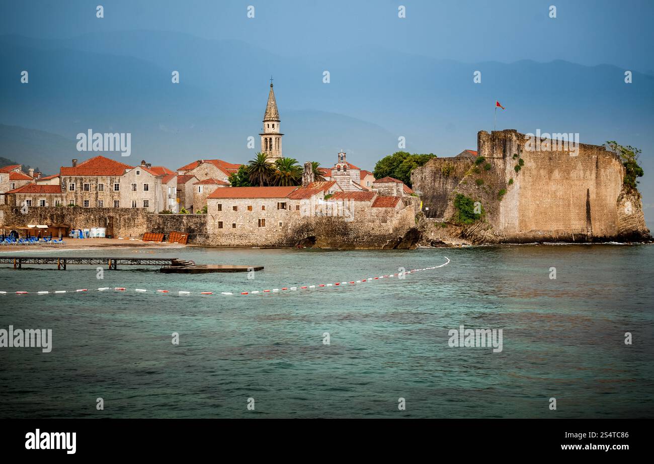 Beautiful view of ancient seaside town with high stone walls Stock ...