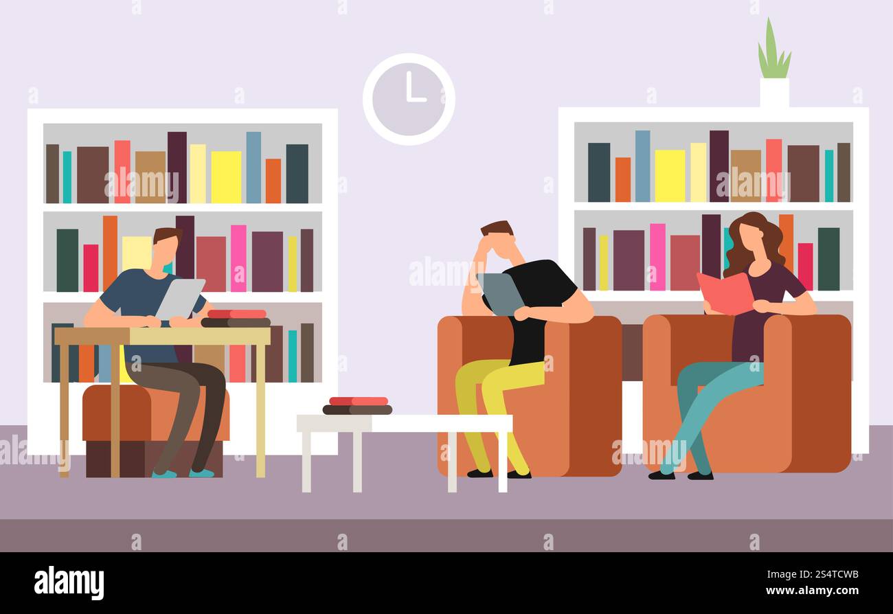 Students reading and searching books in public library interior with ...