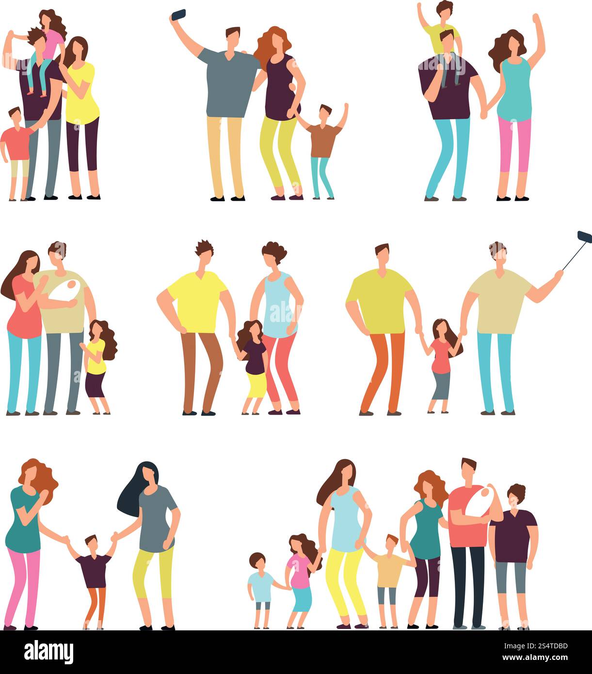 Happy family groups. Adult parents couple playing with kids vector ...