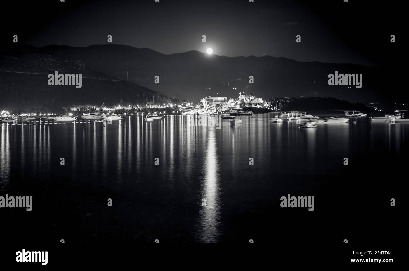 Black and white landscape of full moon shining over mountains, city and ...