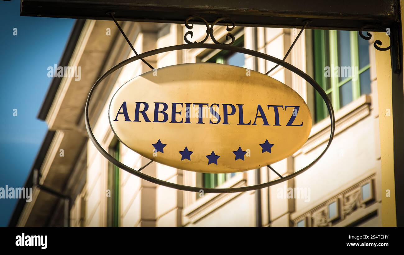 Image shows a signpost and a sign in the direction of a workplace in ...