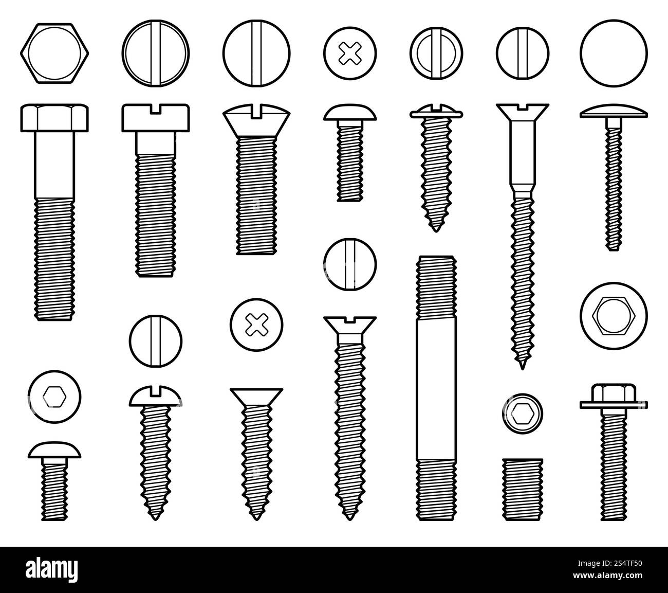 Industrial screws bolts, nuts and nails line vector icons. Bolt with ...