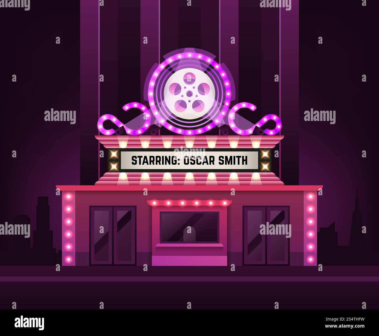 Cinema theatre building exterior. Movie entrance with retro light ...