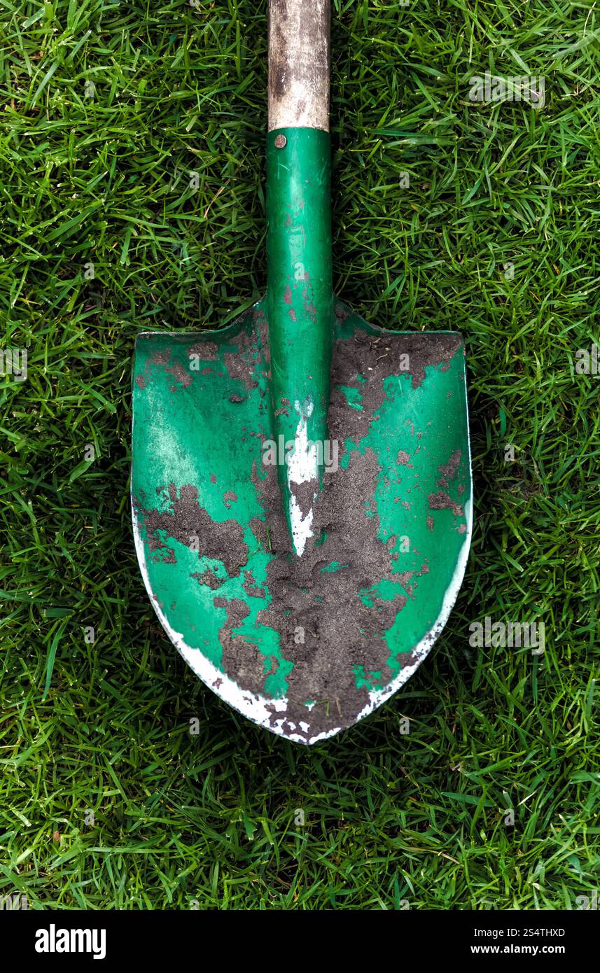 Closeup photo of green shovel with soil on grass Stock Photo - Alamy