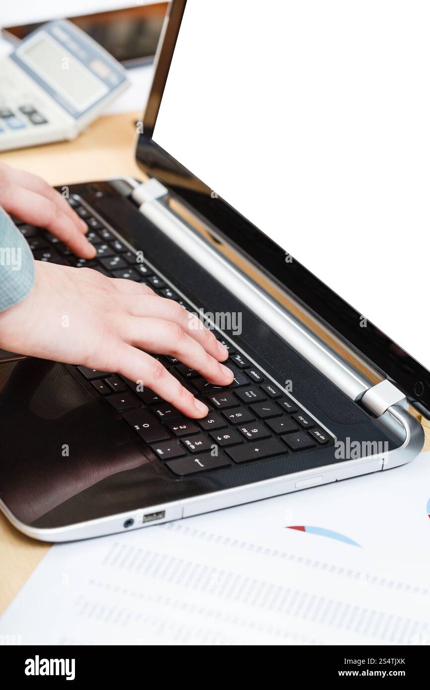 business workflow - businessman working with laptop with cut out screen ...