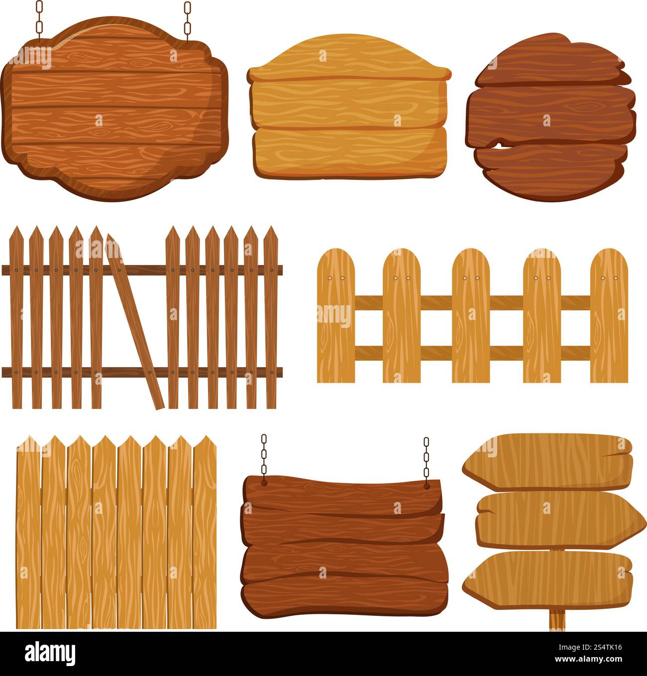 Cartoon wooden garden fence. Blank wood banners and signs vector set ...