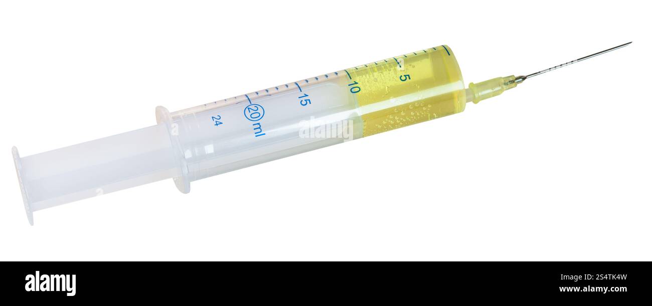 20 ml syringe filled with yellow infusion isolated on white background ...