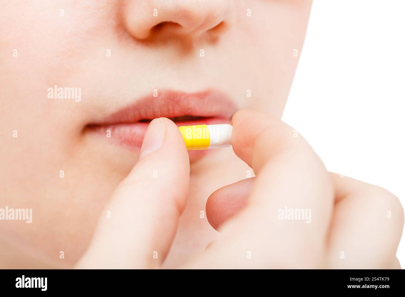 patient takes pill close up isolated on white background Stock Photo ...