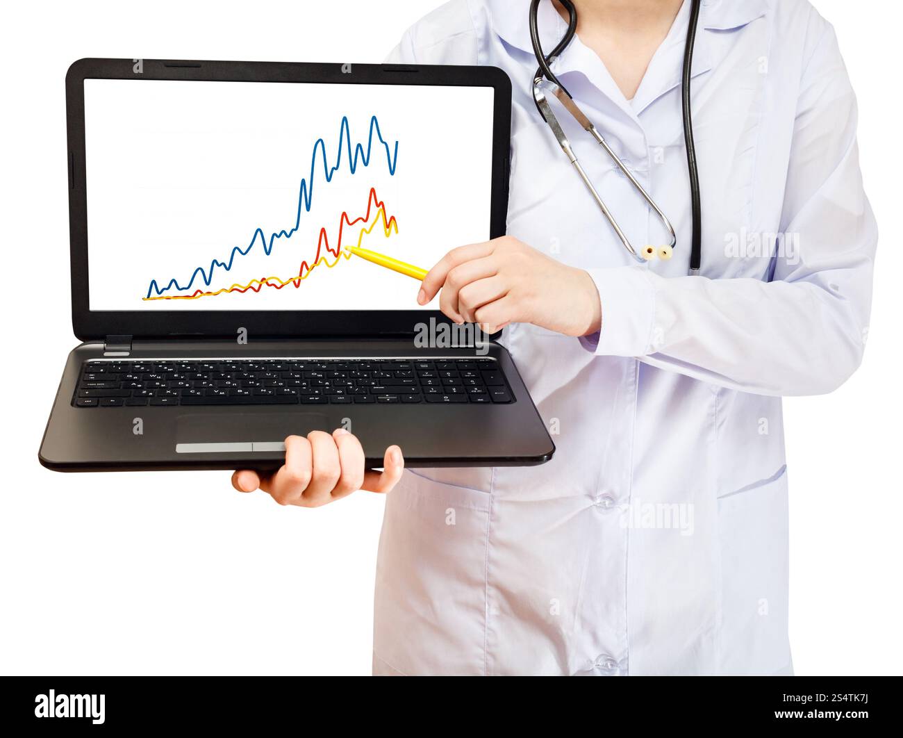 nurse holds computer laptop with charts on screen isolated on white ...