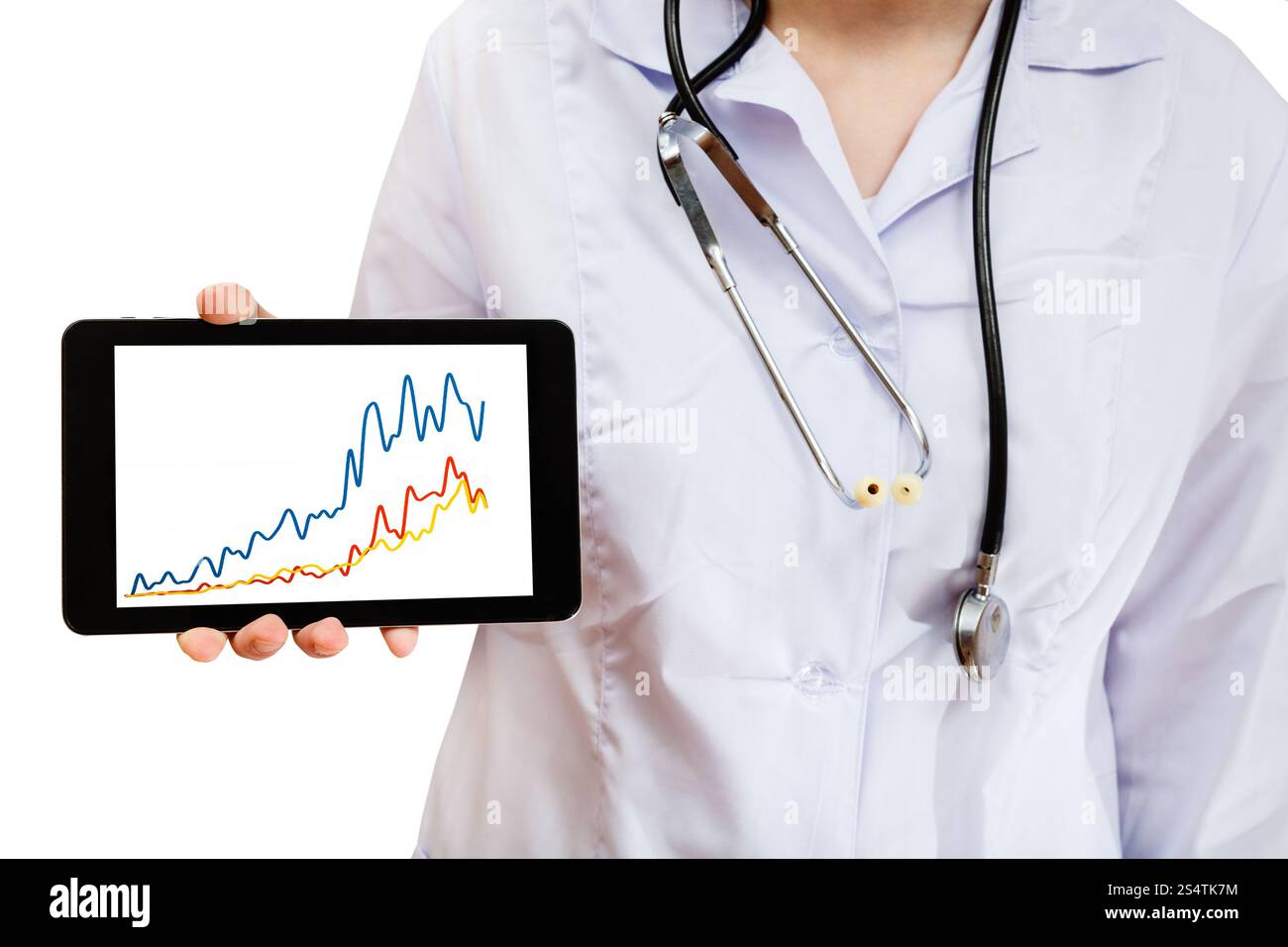 nurse holds tablet pc with chart picture isolated on white background ...