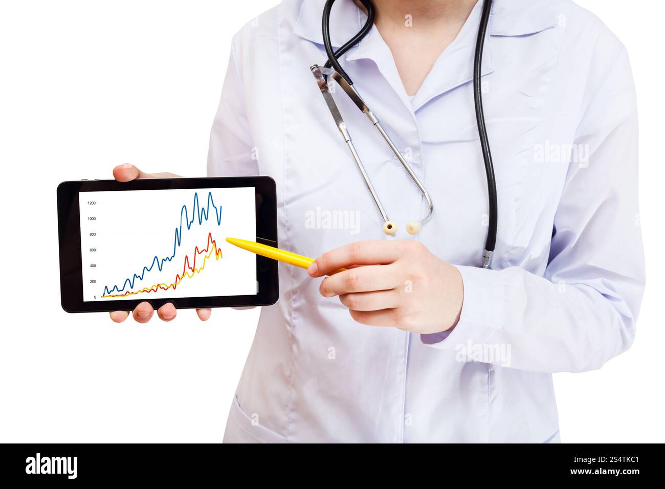 nurse points on tablet pc with charts on screen isolated on white ...