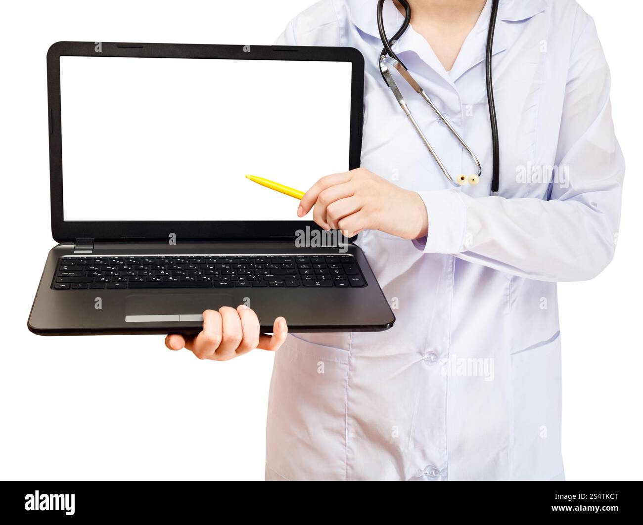 nurse points on computer laptop with blank screen isolated on white ...