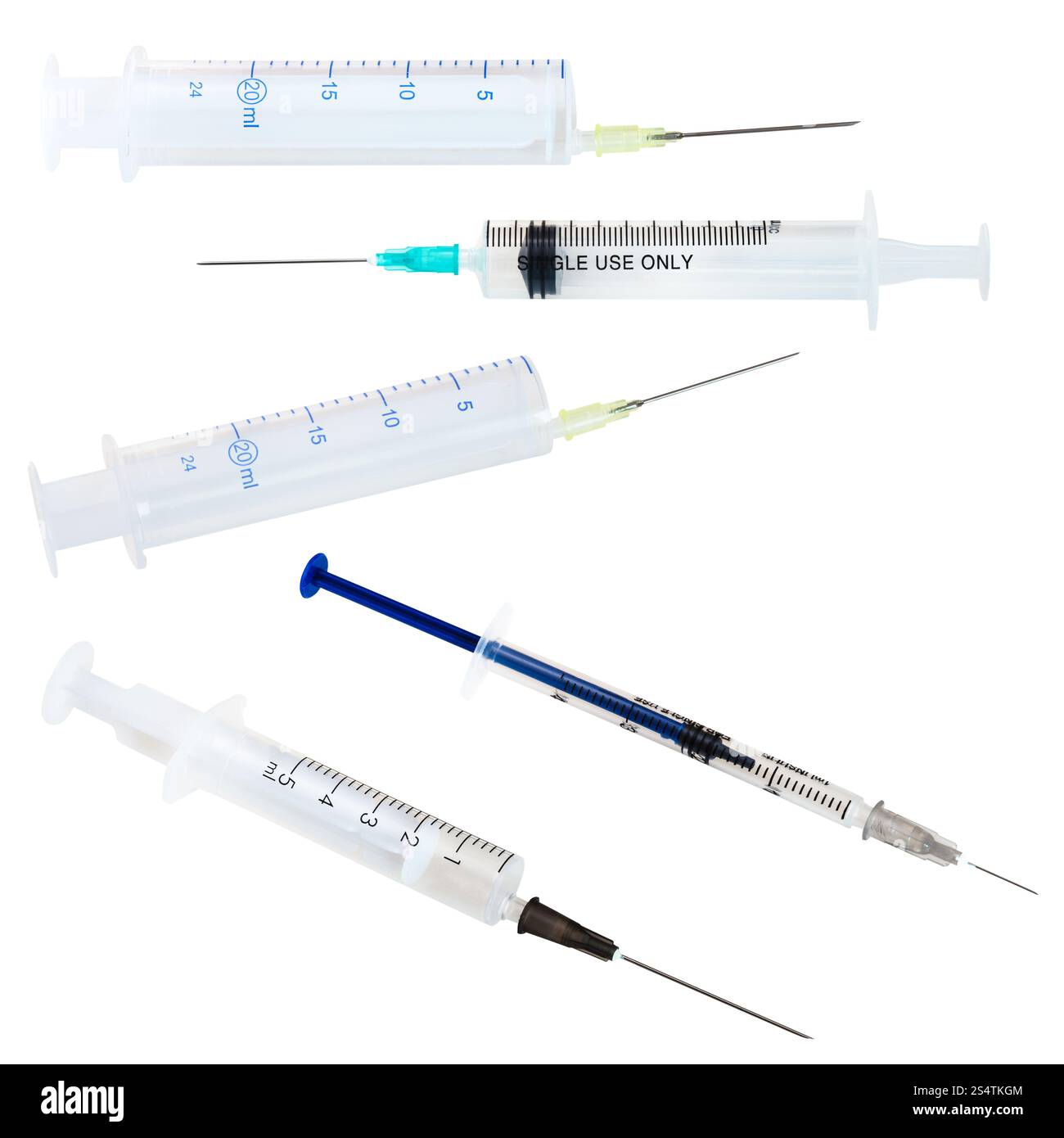 set of empty medical plastic disposable syringes isolated on white ...