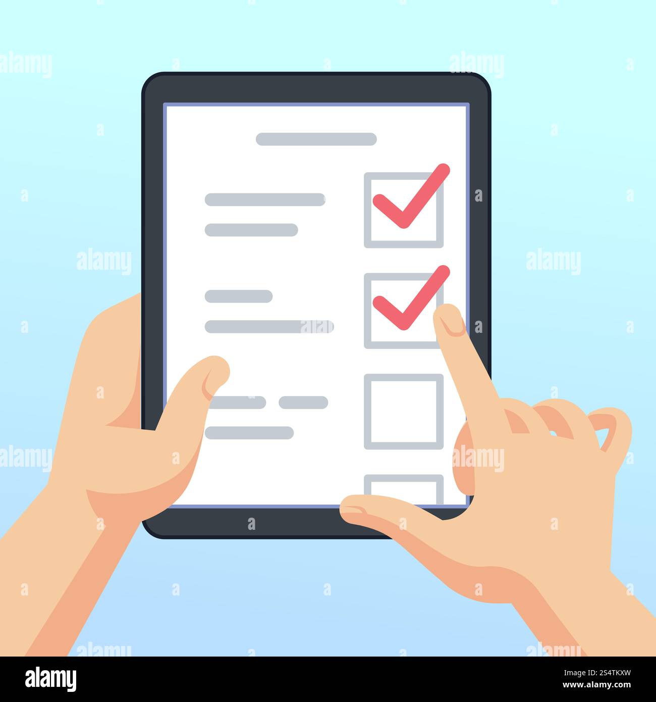 Hands holding tablet with online survey form, questionnaire. Mobile ...