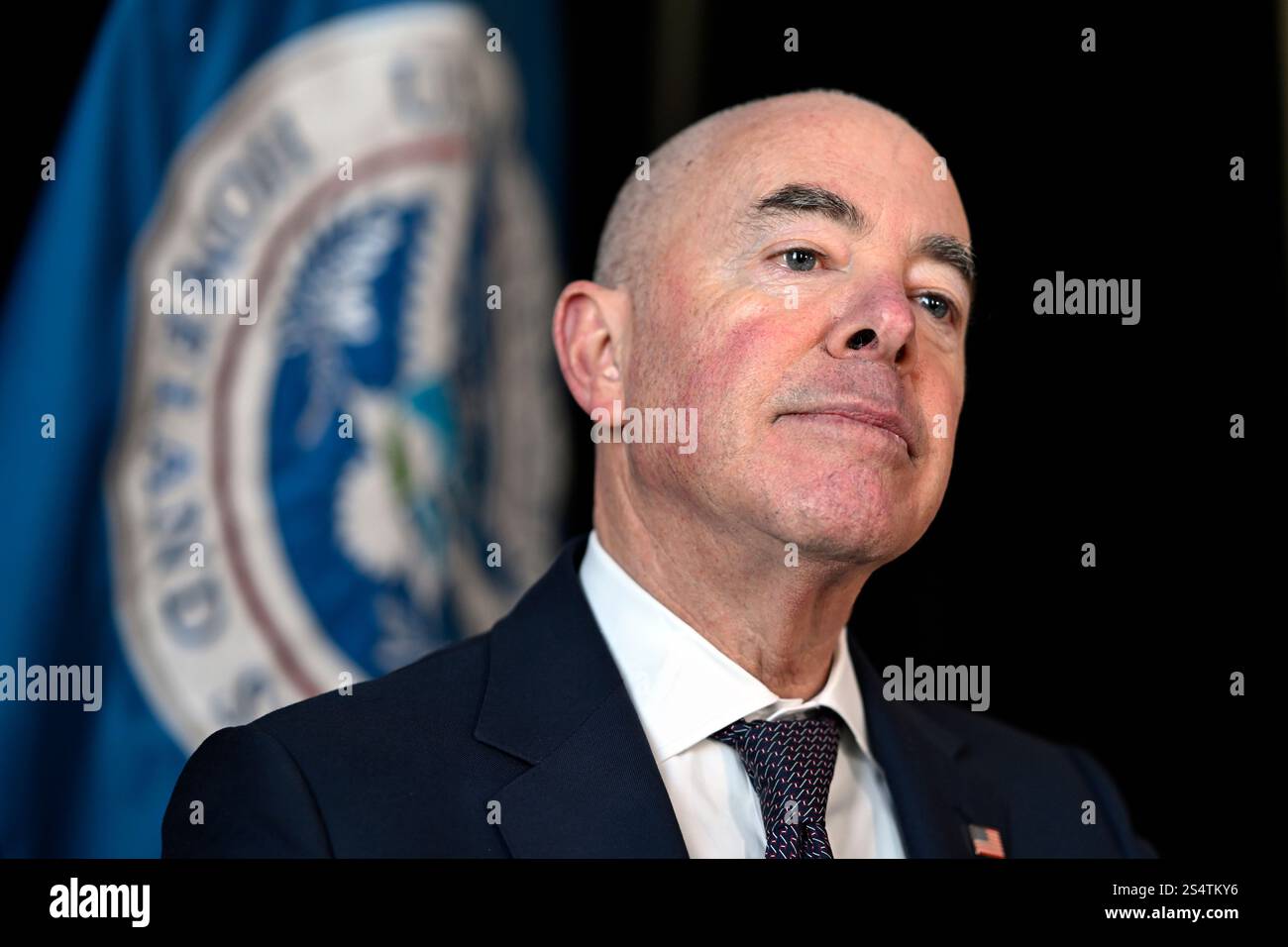 Outgoing Homeland Security Secretary Alejandro Mayorkas during a press ...